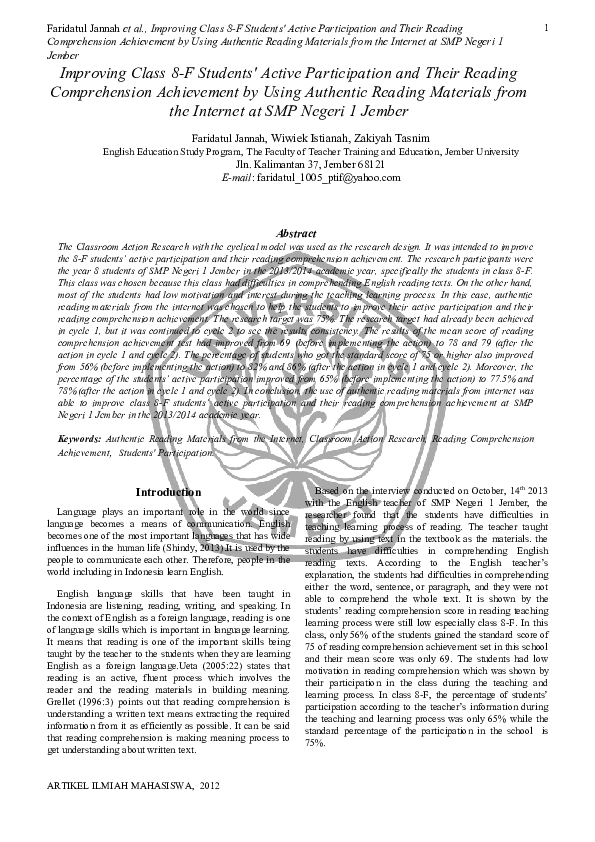 (PDF) Improving Class 8F Students ' Active Participation and Their Reading Comprehension ...
