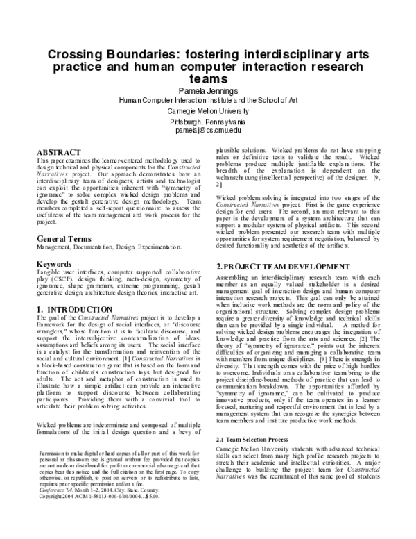 (PDF) Crossing Boundaries: fostering interdisciplinary arts practice and human computer ...