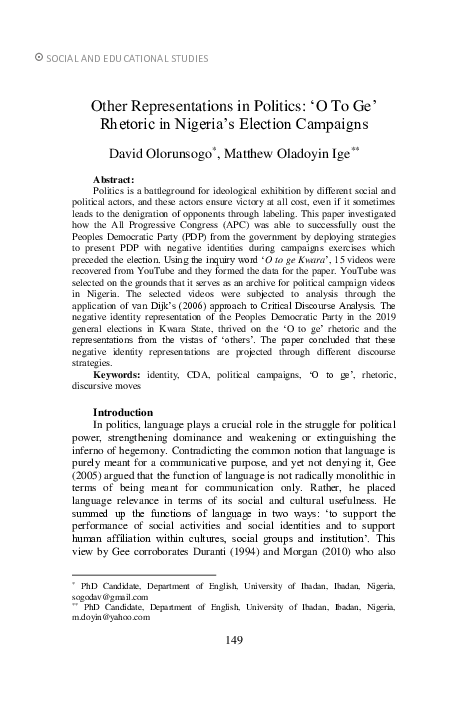(PDF) Other Representations in Politics: 'O To Ge' Rhetoric in Nigeria ...