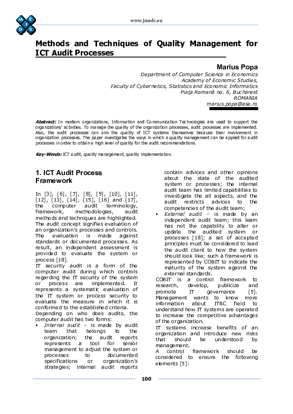 (PDF) Methods and Techniques of Quality Management for ICT Audit Processes