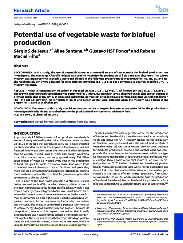 (PDF) Potential use of vegetable waste for biofuel production