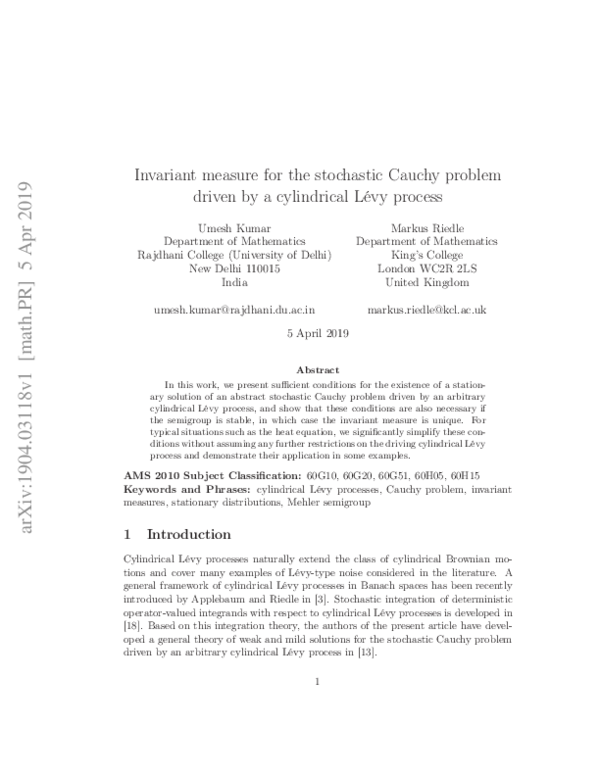 Pdf Invariant Measure For The Stochastic Cauchy Problem Driven By A Cylindrical Lévy Process
