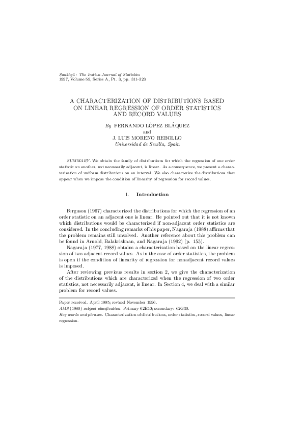(PDF) A characterization of distributions based on linear regression of order statistics and ...