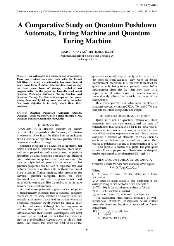 (PDF) A Comparative Study on Quantum Pushdown Automata, Turing Machine and Quantum Turing Machine