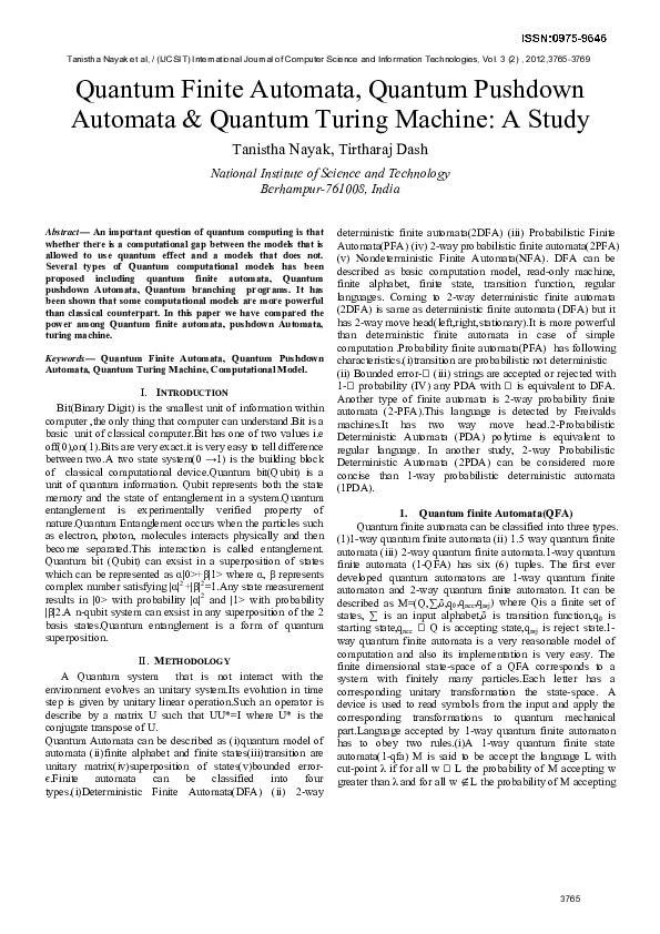 (PDF) Quantum Finite Automata, Quantum Pushdown Automata & Quantum Turing Machine: A Study