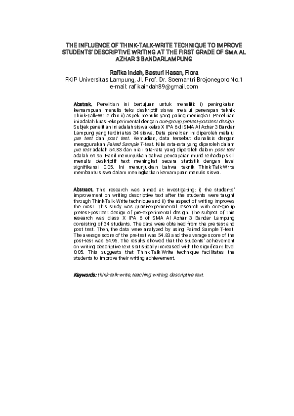 (PDF) The Influence of Think-Talk-Write Technique to Improve Students' Descriptive Writing at ...