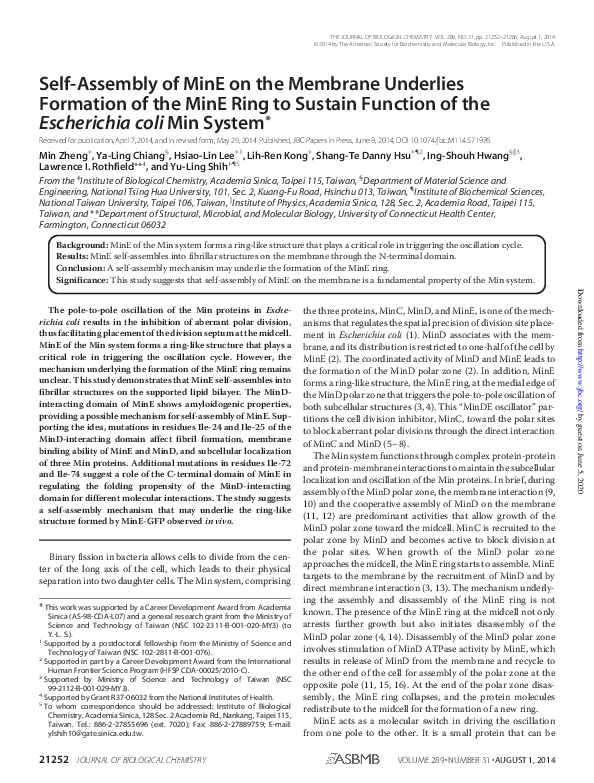 (PDF) Self-Assembly of MinE on the Membrane Underlies Formation of the ...