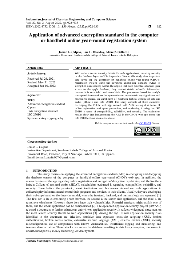 (PDF) Application of advanced encryption standard in the computer or handheld online year-round ...