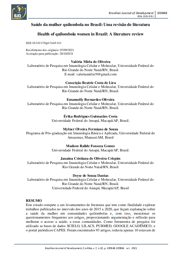 (PDF) Saúde da mulher quilombola no brasil: Uma revisão de literatura ...