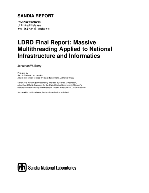 (PDF) LDRD final report : massive multithreading applied to national infrastructure and informatics