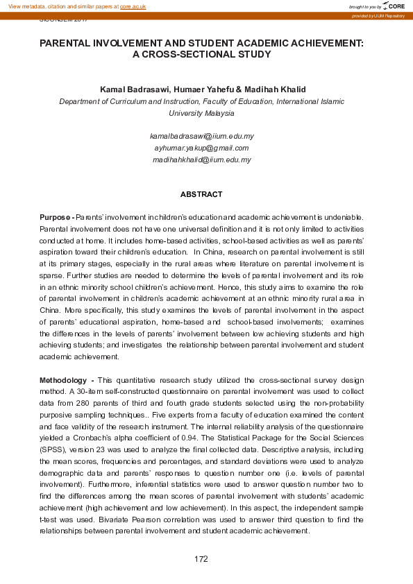(PDF) Parental involvement and student academic achievement: A cross-sectional study