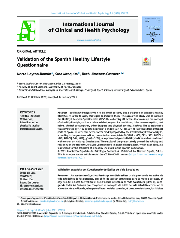 (PDF) Validation of the Spanish Healthy Lifestyle Questionnaire