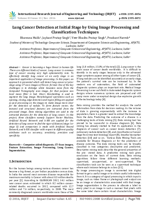 Pdf Lung Cancer Detection At Initial Stage By Using Image Processing