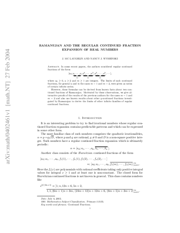 (PDF) Ramanujan and the regular continued fraction expansion of real ...