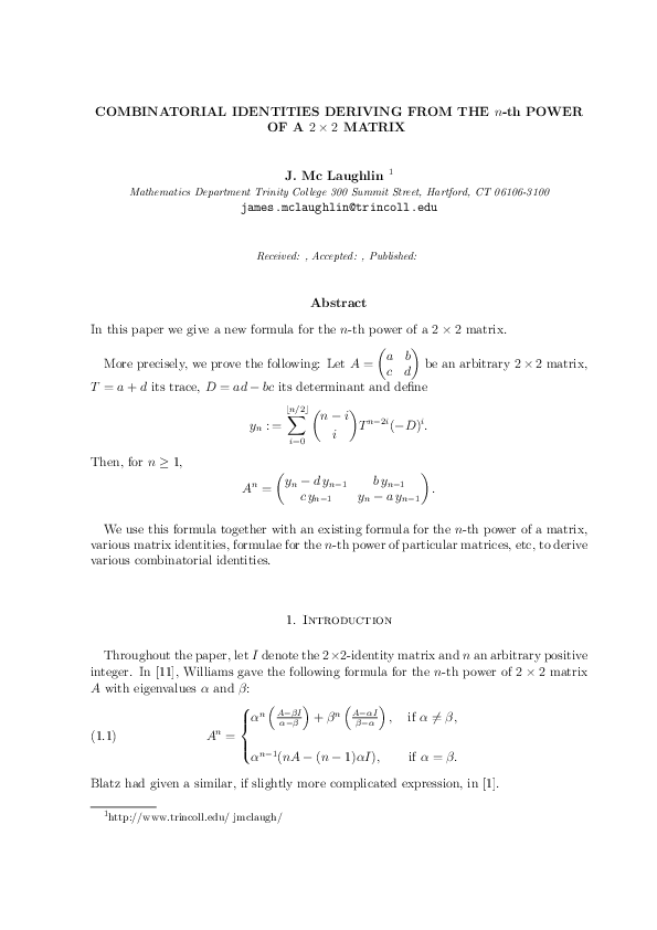 (PDF) Further combinatorial identities deriving from the nth power of a ...