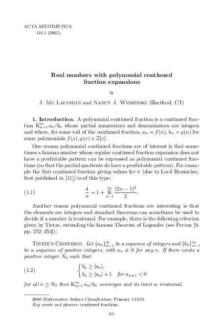 (PDF) Real numbers with polynomial continued fraction expansions