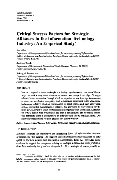 (PDF) Critical Success Factors for Strategic Alliances in the Information Technology Industry ...