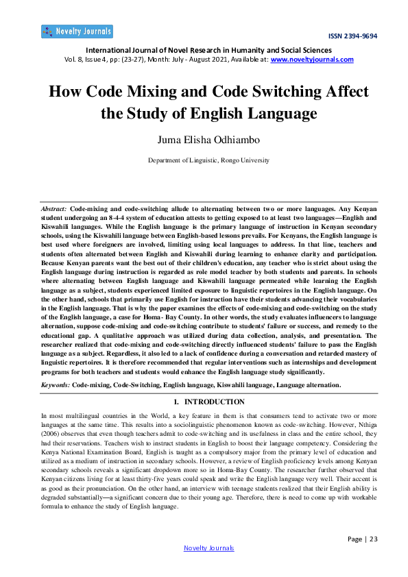 (PDF) How Code Mixing and Code Switching Affect the Study of English Language