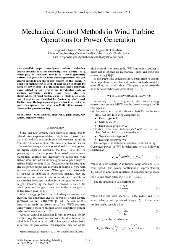 (PDF) Mechanical Control Methods in Wind Turbine Operations for Power ...