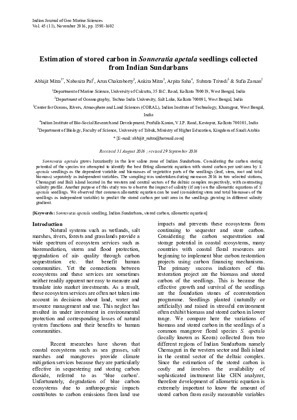 Estimation of stored carbon in Sonneratia apetala seedlings collected from Indian Sundarbans