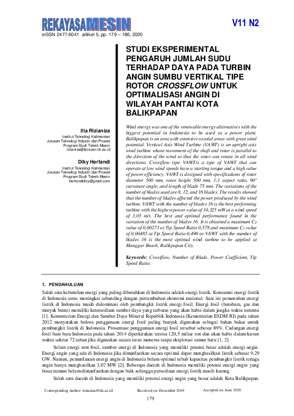 (PDF) Studi Eksperimental Pengaruh Jumlah Sudu terhadap Daya pada Turbin Angin Sumbu Vertikal ...