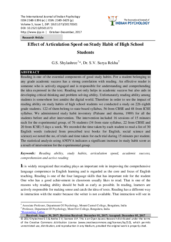 (PDF) Effect of Articulation Speed on Study Habit of High School Students