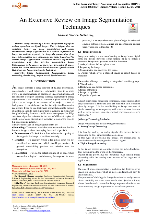 (PDF) An Extensive Review on Image Segmentation Techniques
