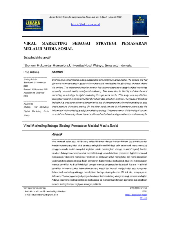 (PDF) Viral Marketing Sebagai Strategi Pemasaran Melalui Media Sosial