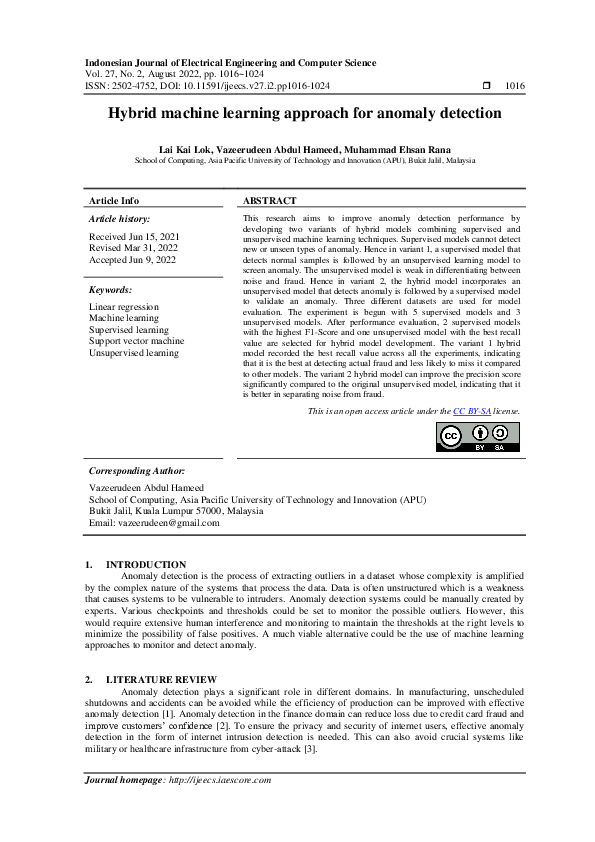 Pdf Hybrid Machine Learning Approach For Anomaly Detection