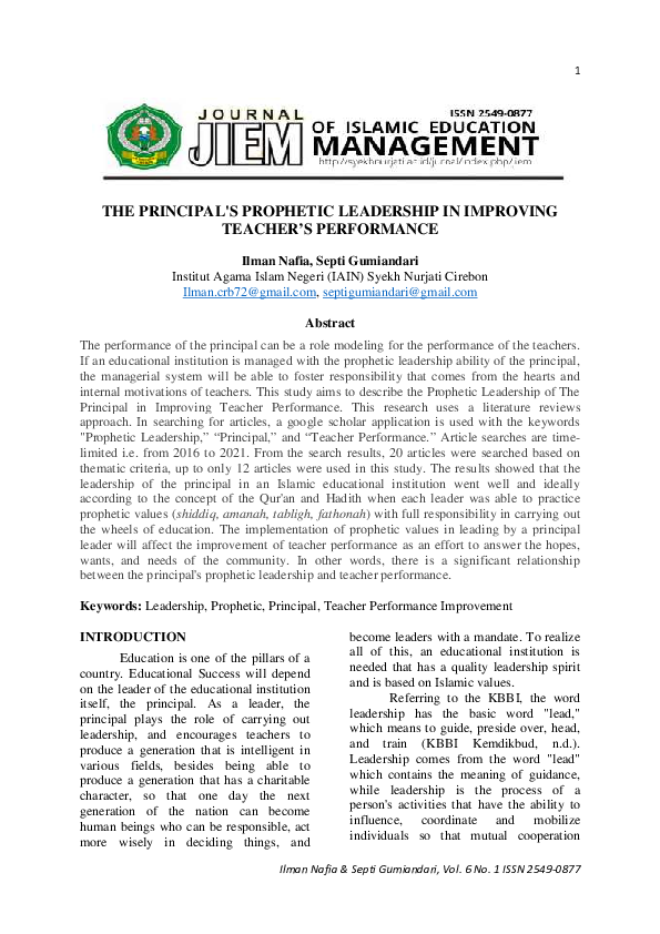 (PDF) The Principal's Prophetic Leadership in Improving Teacher’s Performance