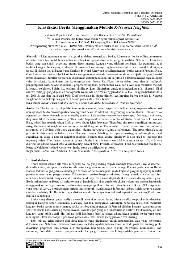 (PDF) Klasifikasi Berita Menggunakan Metode K-Nearest Neighbor