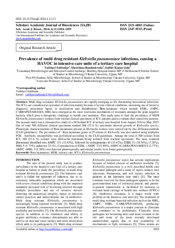 (PDF) Prevalence of multi drug resistant Klebsiella pneumoniaee ...