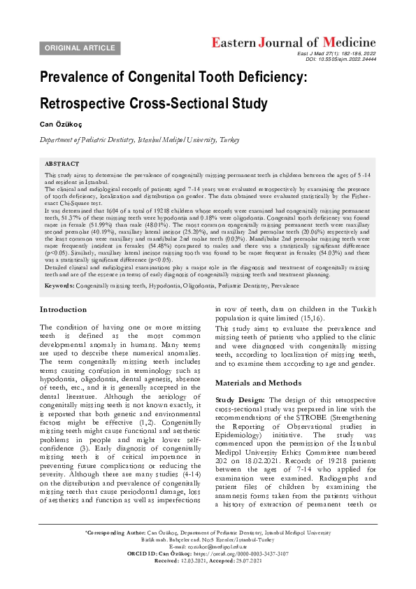 (PDF) Prevalence of Congenital Tooth Deficiency: Retrospective Cross ...