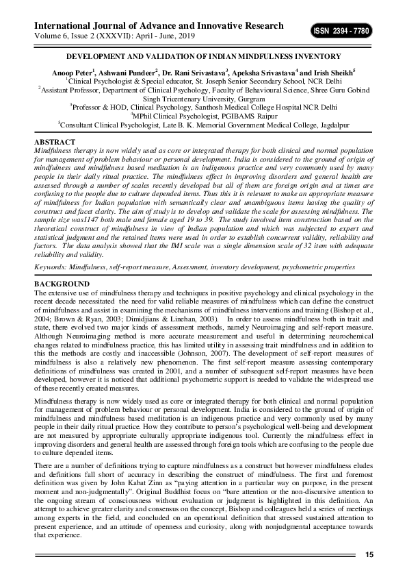 (PDF) DEVELOPMENT AND VALIDATION OF INDIAN MINDFULNESS INVENTORY