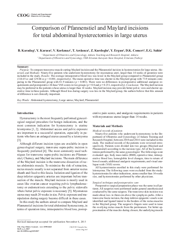 (PDF) Comparison of Pfannenstiel and Maylard incisions for total ...