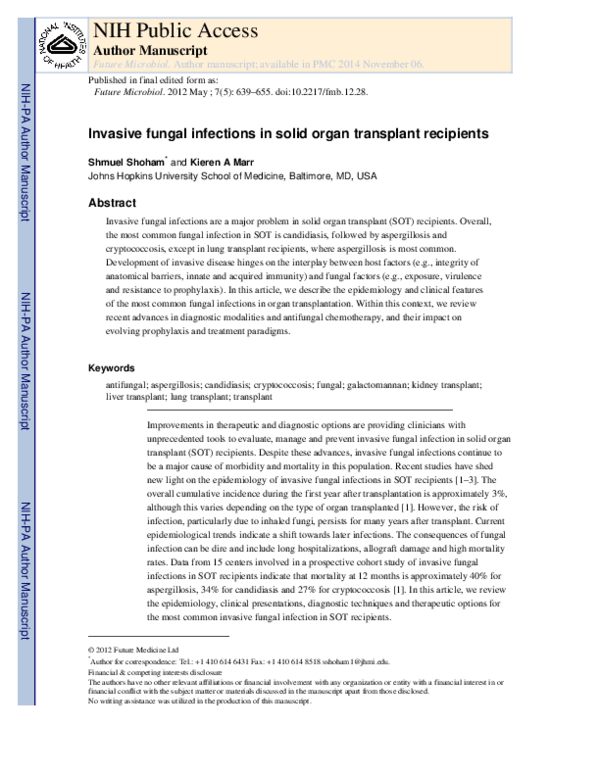 (PDF) Invasive fungal infections in solid organ transplant recipients ...