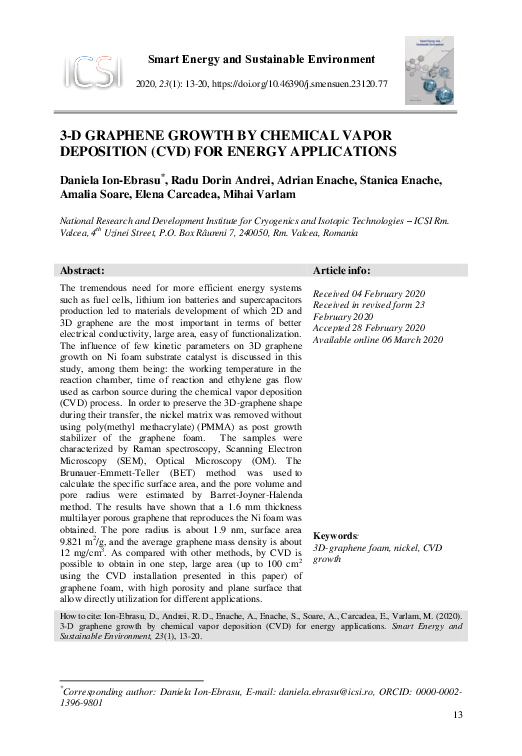 (PDF) 3-D graphene growth by chemical vapor deposition (CVD) for energy ...