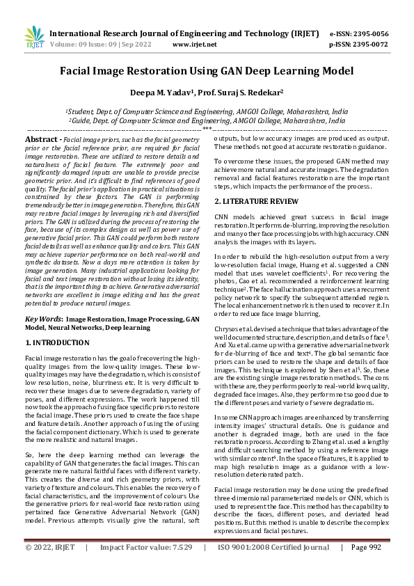 Pdf Facial Image Restoration Using Gan Deep Learning Model