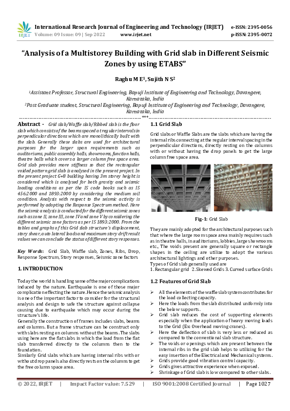 Pdf Analysis Of A Multistorey Building With Grid Slab In Different Seismic Zones By Using Etabs