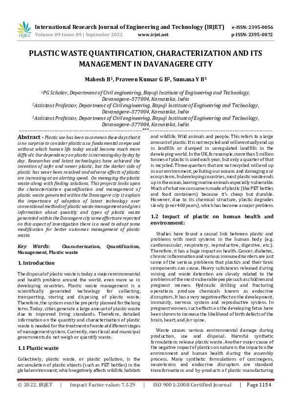 (PDF) PLASTIC WASTE QUANTIFICATION, CHARACTERIZATION AND ITS MANAGEMENT ...