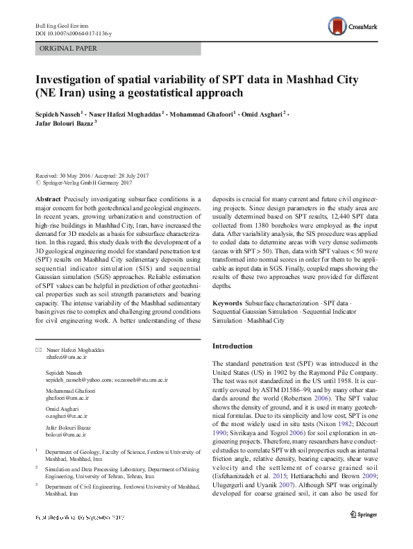 (PDF) Investigation of spatial variability of SPT data in Mashhad City (NE Iran) using a ...
