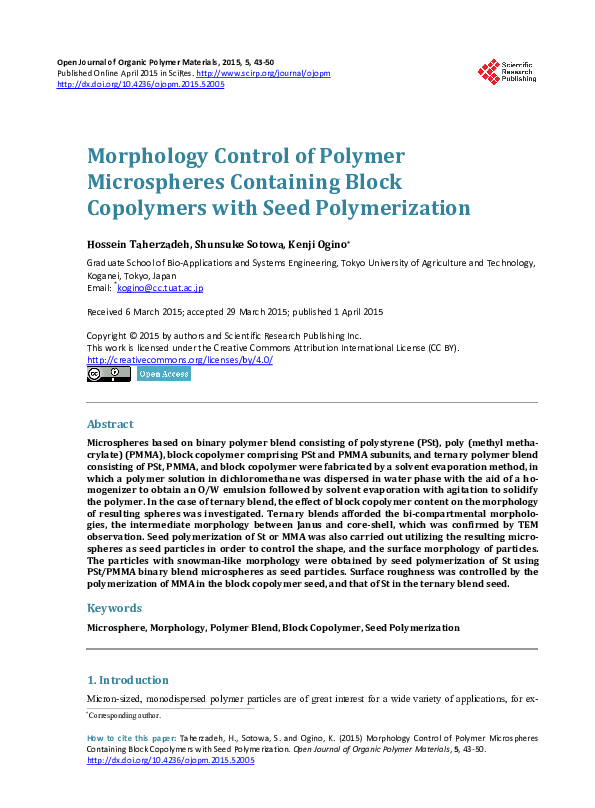 (PDF) Morphology Control of Polymer Microspheres Containing Block Copolymers with Seed ...
