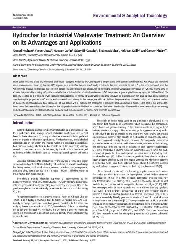 (PDF) Hydrochar for Industrial Wastewater Treatment: An Overview on its ...