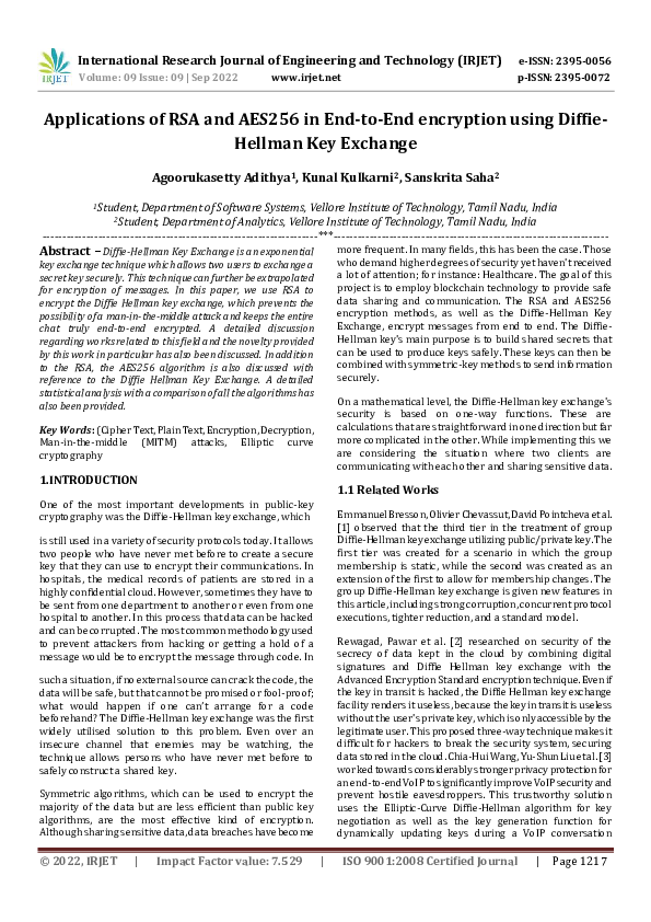 (PDF) Applications of RSA and AES256 in End-to-End encryption using Diffie-Hellman Key Exchange