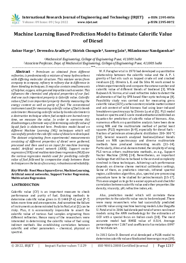 (PDF) Machine Learning Based Prediction Model to Estimate Calorific Value of Diesel