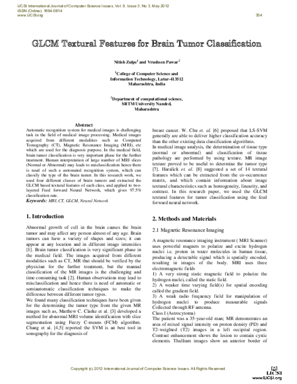 (PDF) GLCM Textural Features for Brain Tumor Classification