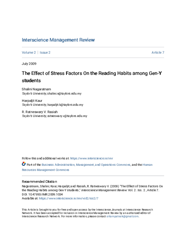 (PDF) The Effect of Stress Factors On the Reading Habits among Gen-Y ...