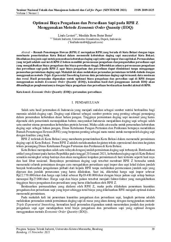 (PDF) Optimasi Biaya Pengadaan dan Persediaan Sapi pada RPH Z Menggunakan Metode Economic Order ...