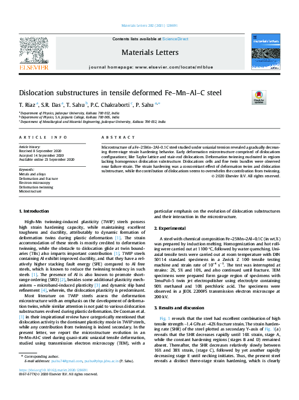 (PDF) Dislocation substructures in tensile deformed Fe–Mn–Al–C steel