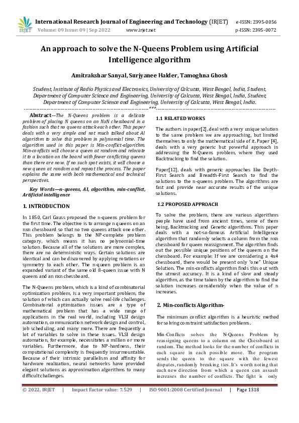 Pdf An Approach To Solve The N Queens Problem Using Artificial Intelligence Algorithm
